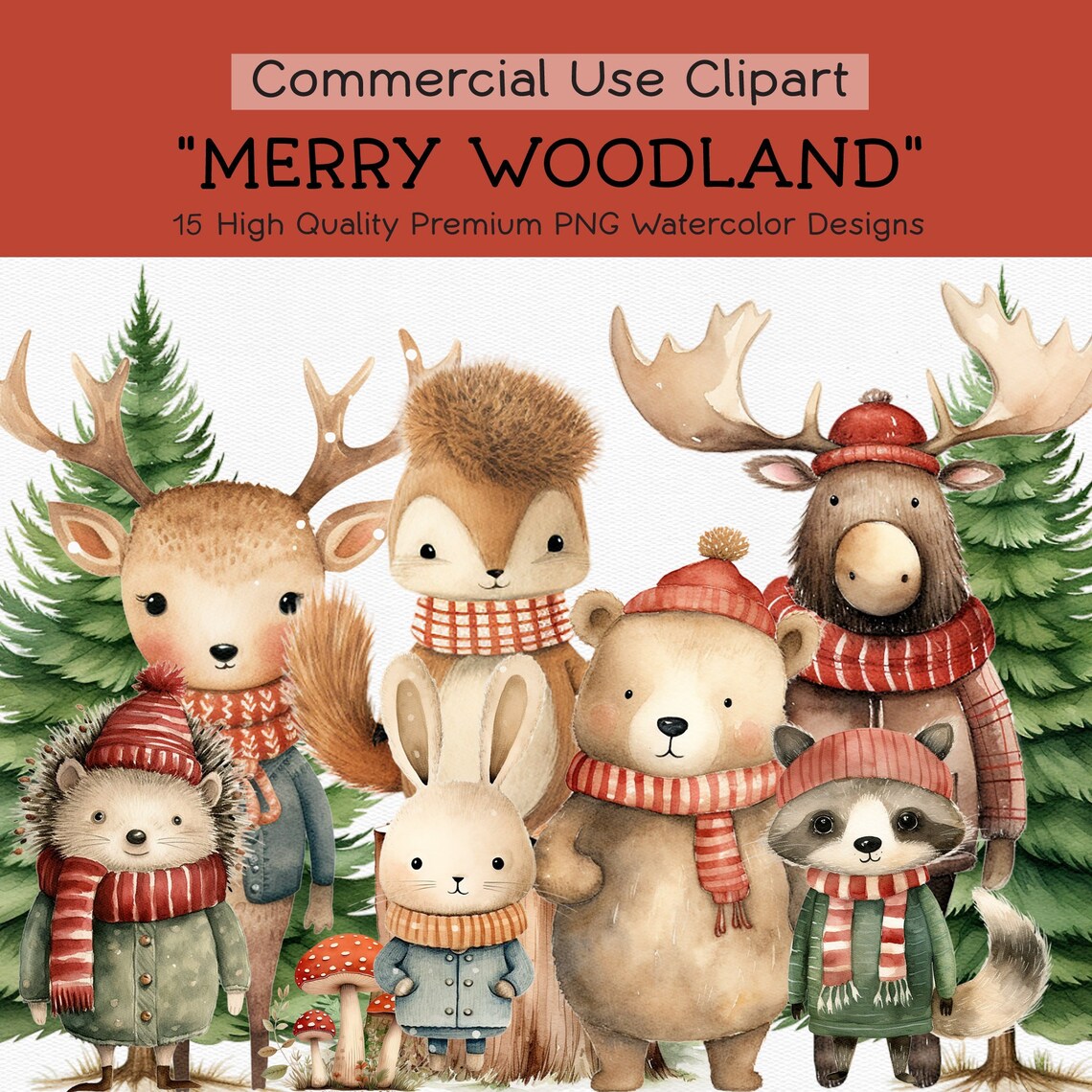 Woodland Animals Christmas Clipart Bundle, Winter Woodland Watercolor ...