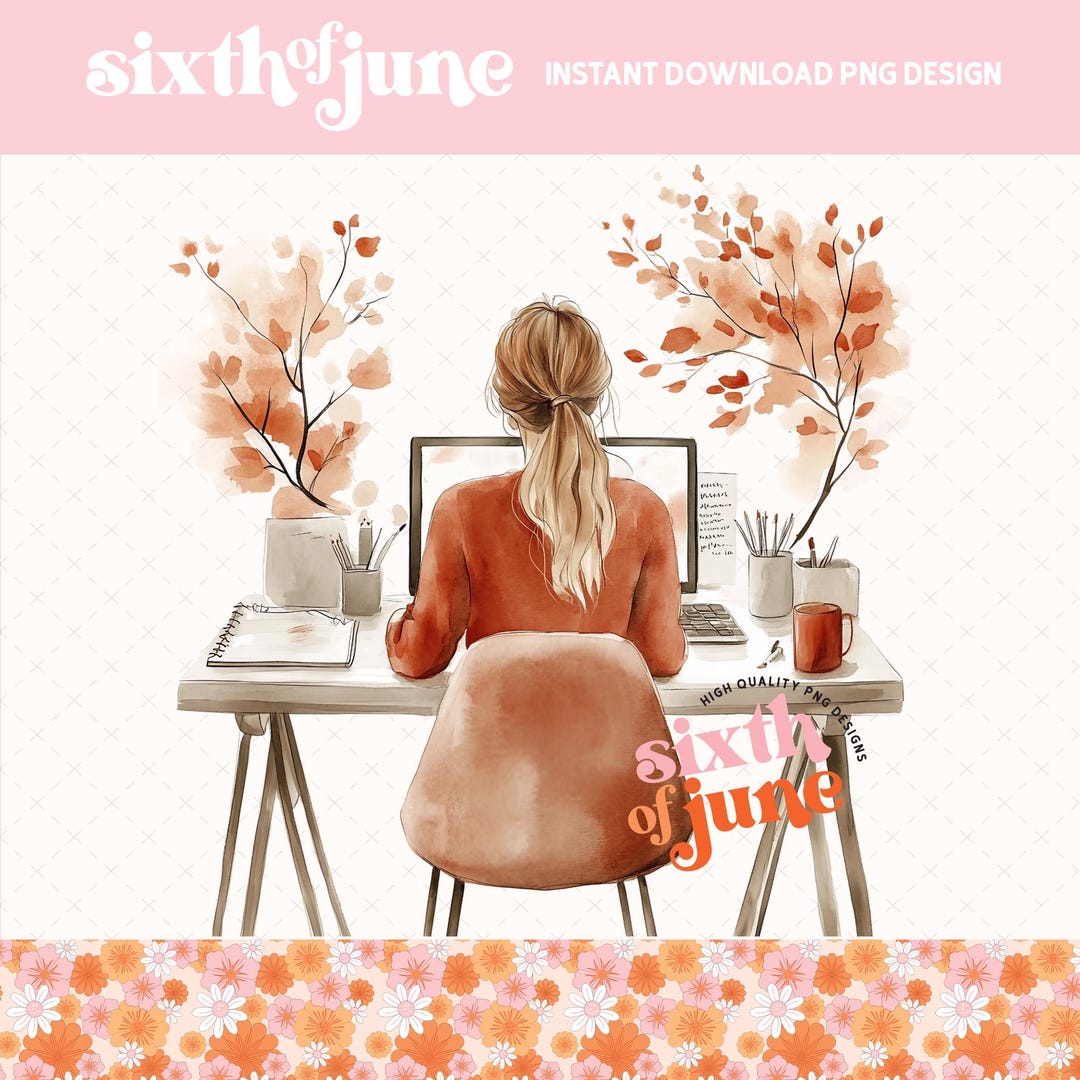 Fall Work From Home Office PNG Design, Woman Sitting at Desk ...