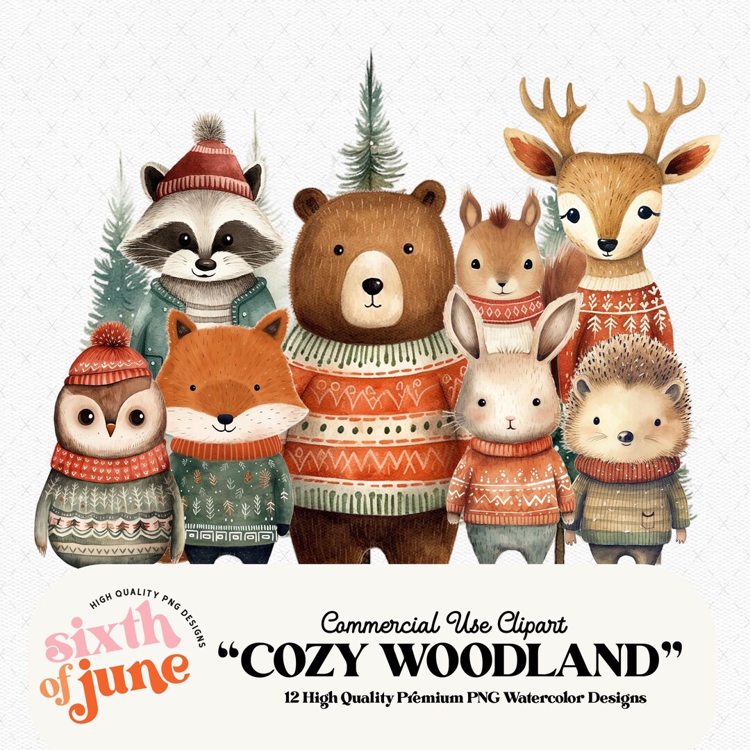 Woodland Animals Winter Clipart Bundle, Christmas Woodland Watercolor ...