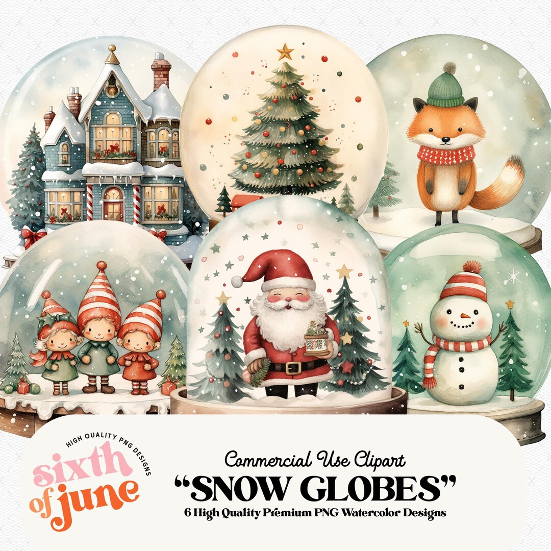 Cute Christmas Snow Globe Clipart, Watercolor Snowman, Elf, Fox, Santa ...