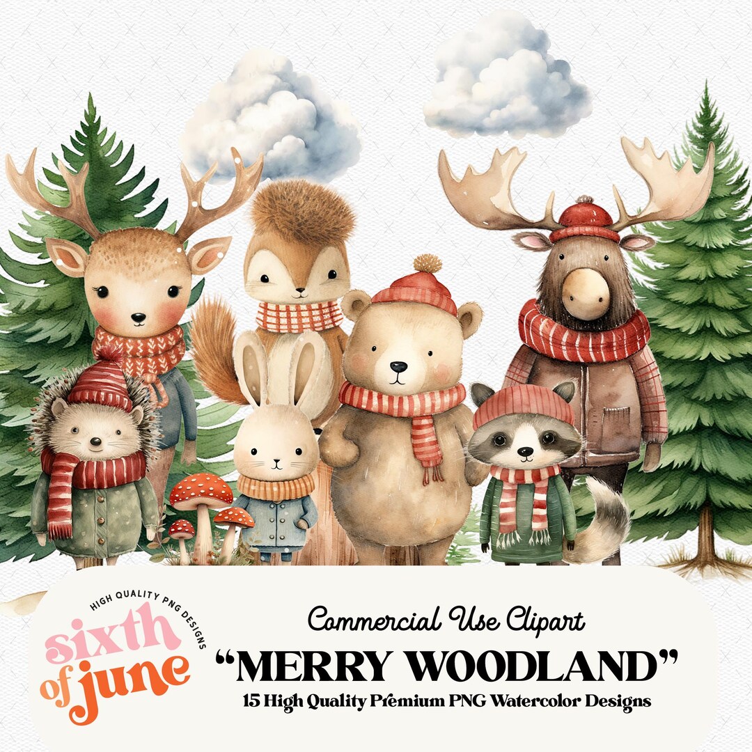 Woodland Animals Christmas Clipart Bundle, Winter Woodland Watercolor ...