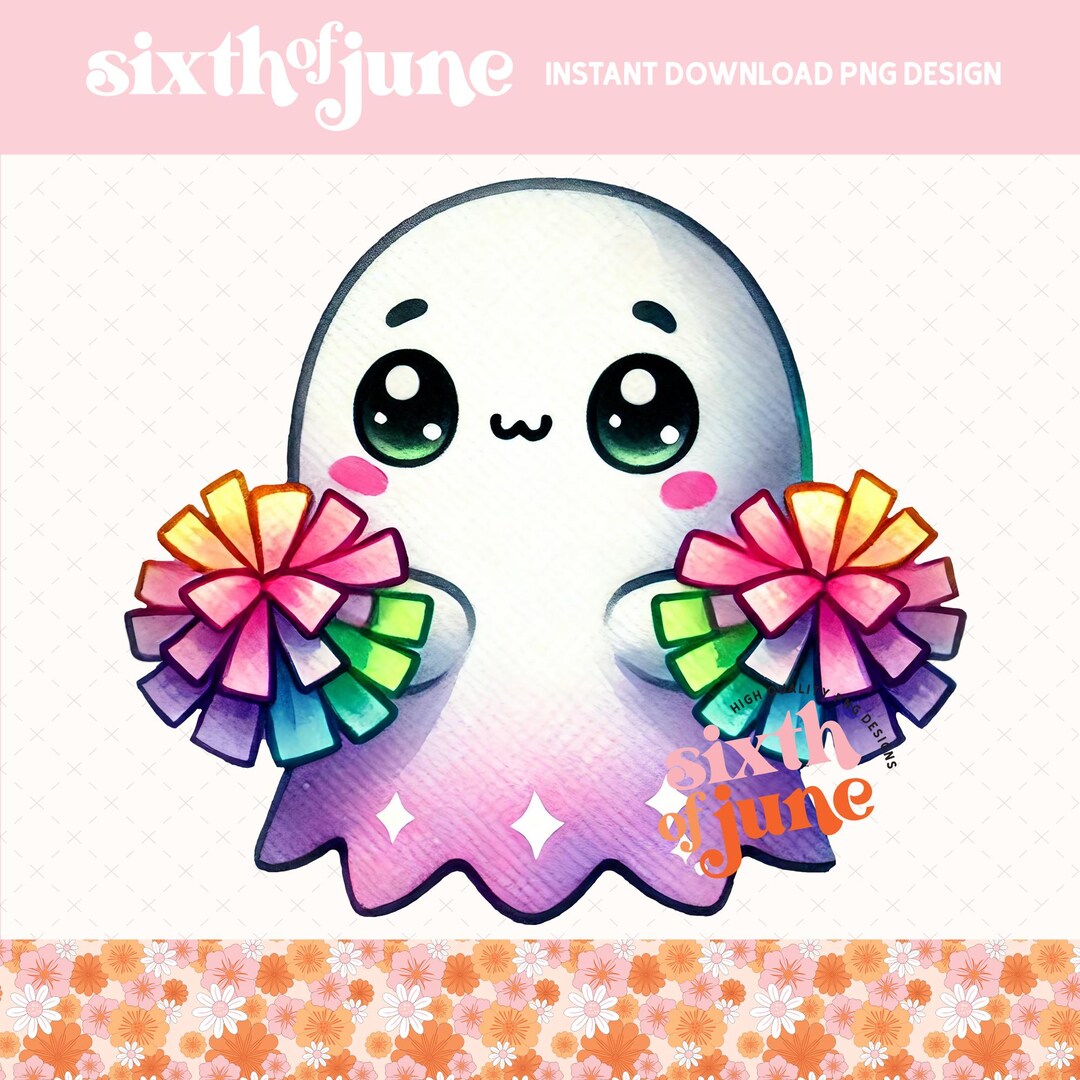 Cheer Ghost PNG Sublimation Design Cute Ghost With Pom Poms Rainbow ...