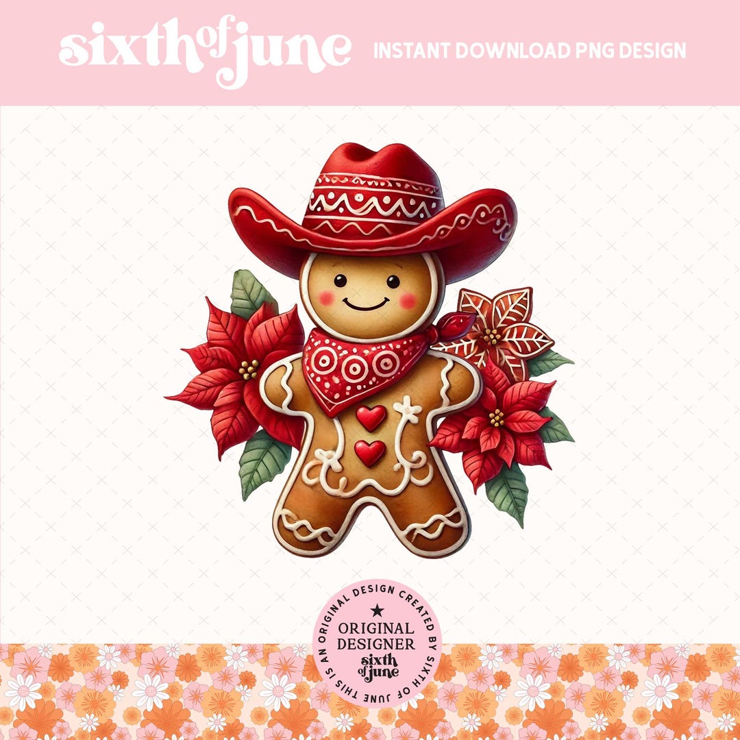 Christmas Cowboy Gingerbread Man Sublimation Design, Poinsettia Holiday ...
