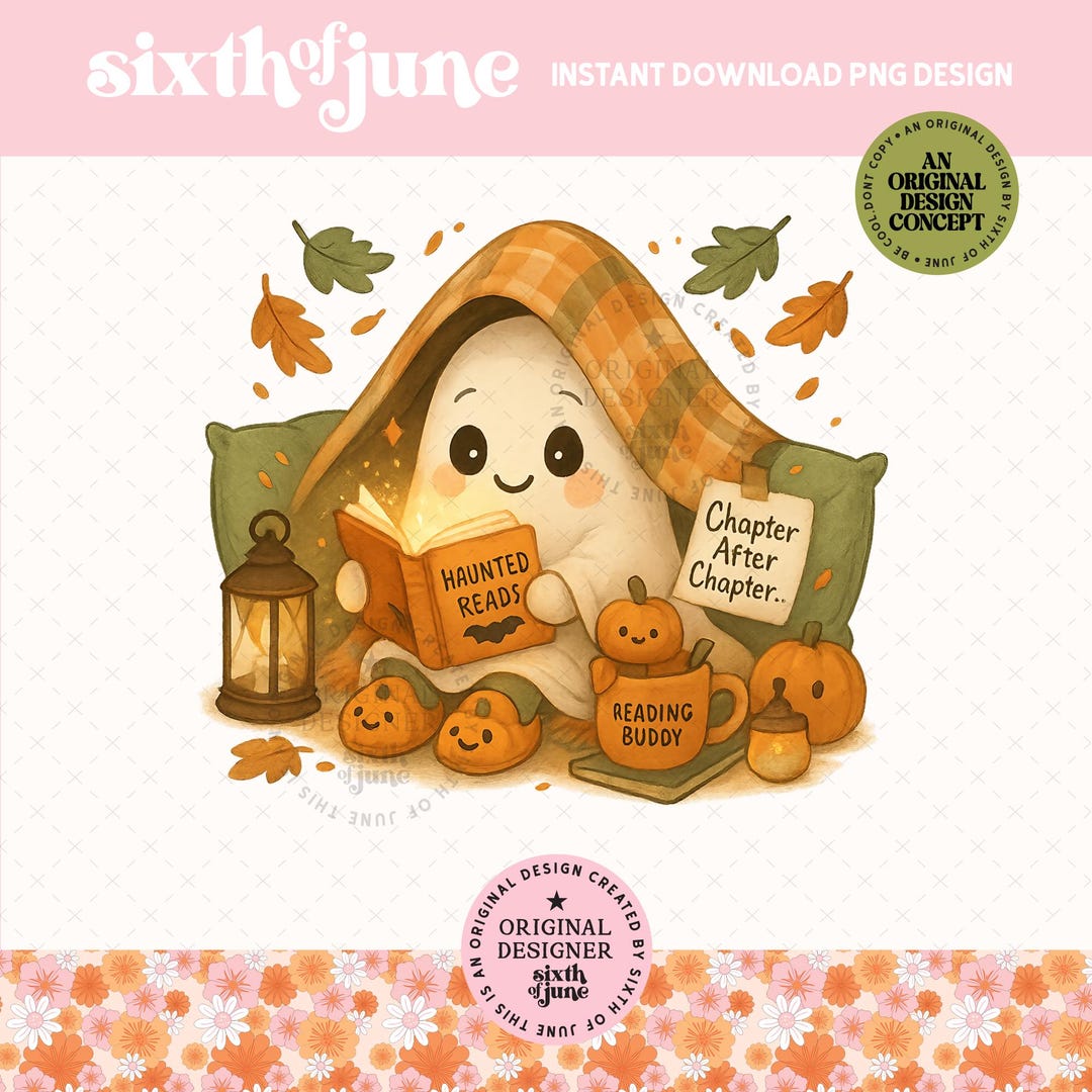 Cute Fall Reading Ghost PNG, Halloween Bookish Sublimation Design, Cozy ...