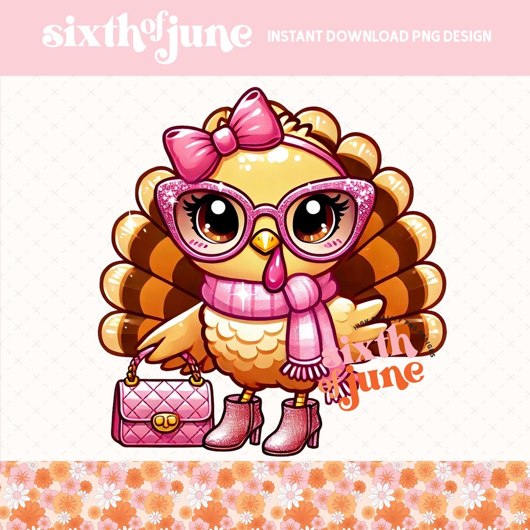 Cute Thanksgiving Turkey PNG, Bougie Sublimation Design, Pink Bow and ...