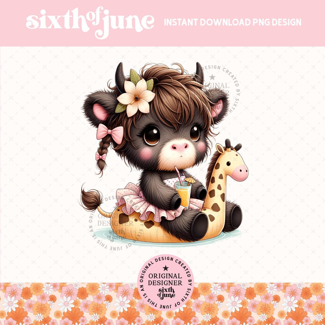 Cute Highland Cow Summer Beach Giraffe Floaty Png, Cow Sublimation ...