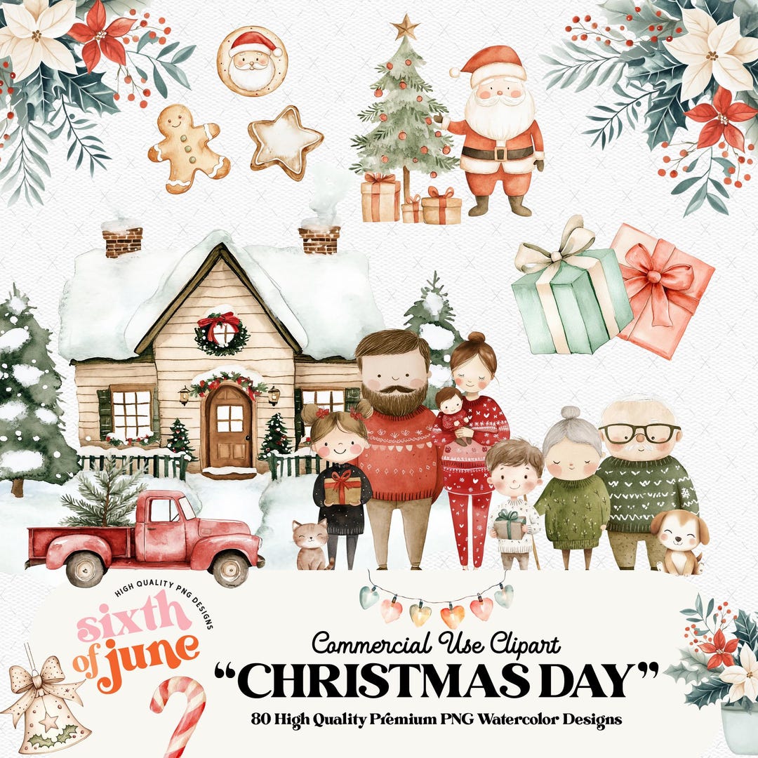 Cute Christmas Day Watercolor Clipart, Christmas Family Clipart, Cute ...