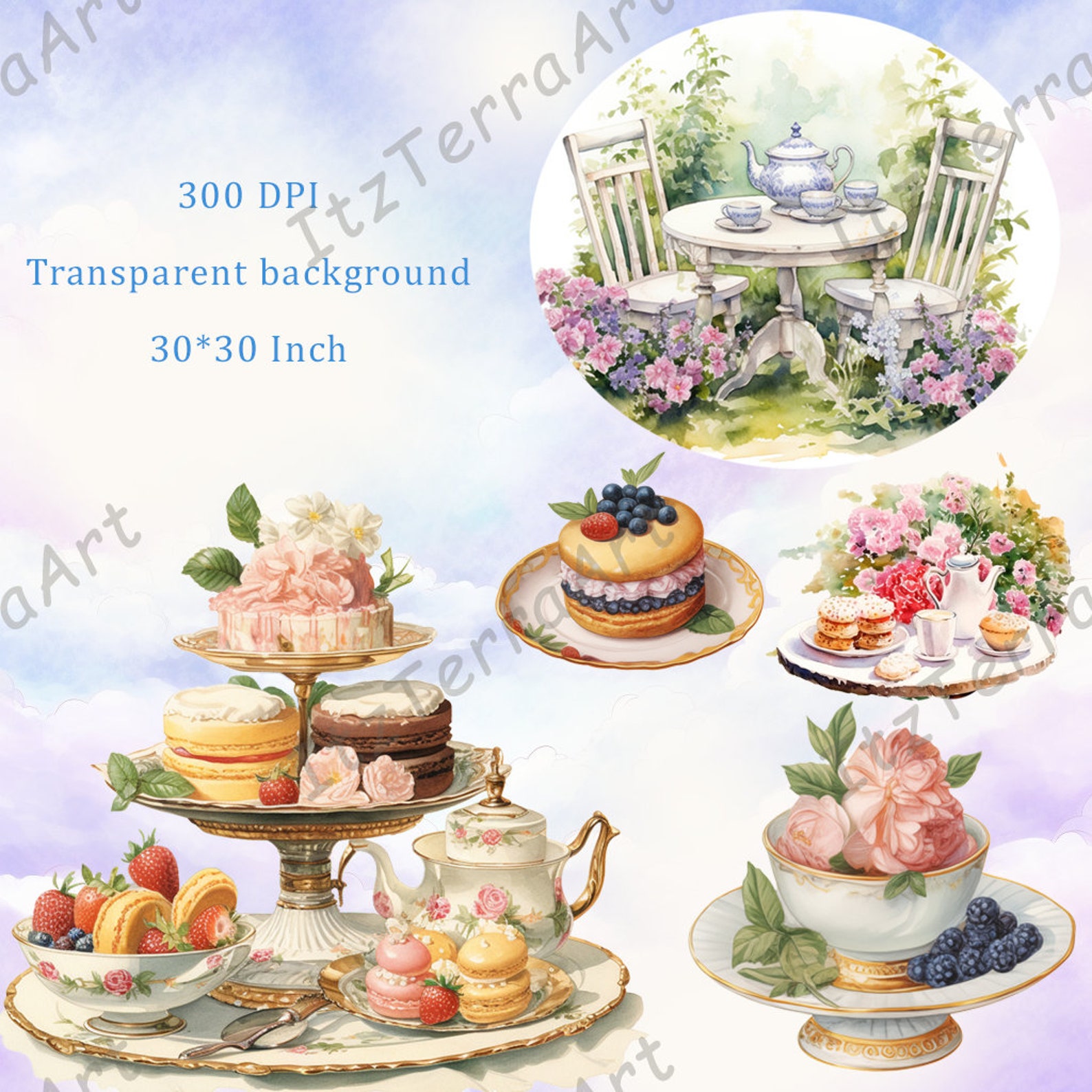 Tea Party Clipart Bundle- Watercolor English Vintage Tea Cup Clipart ...