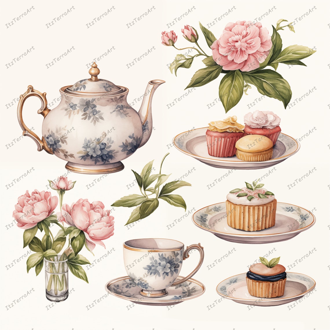 Tea Party Clipart Bundle- Watercolor English Vintage Tea Cup Clipart ...