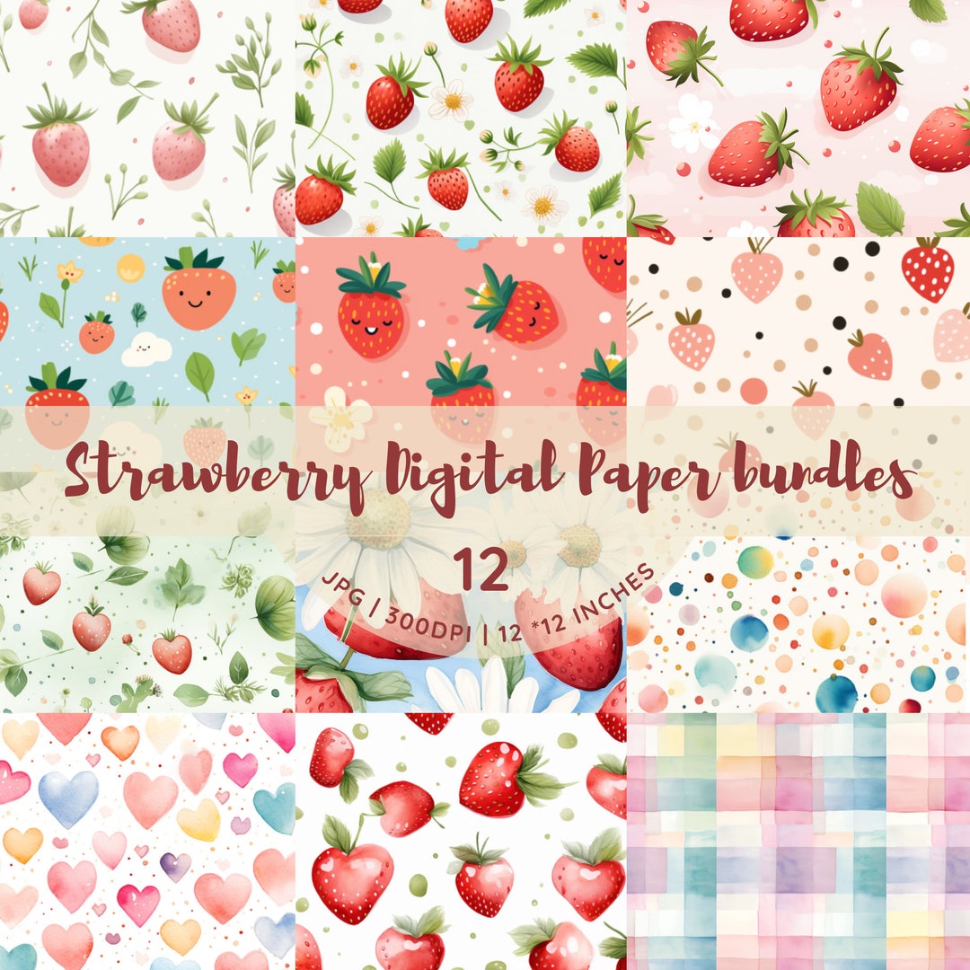 12 Strawberry Seamless Pattern Digital Paper Bundle-berry Seamless ...