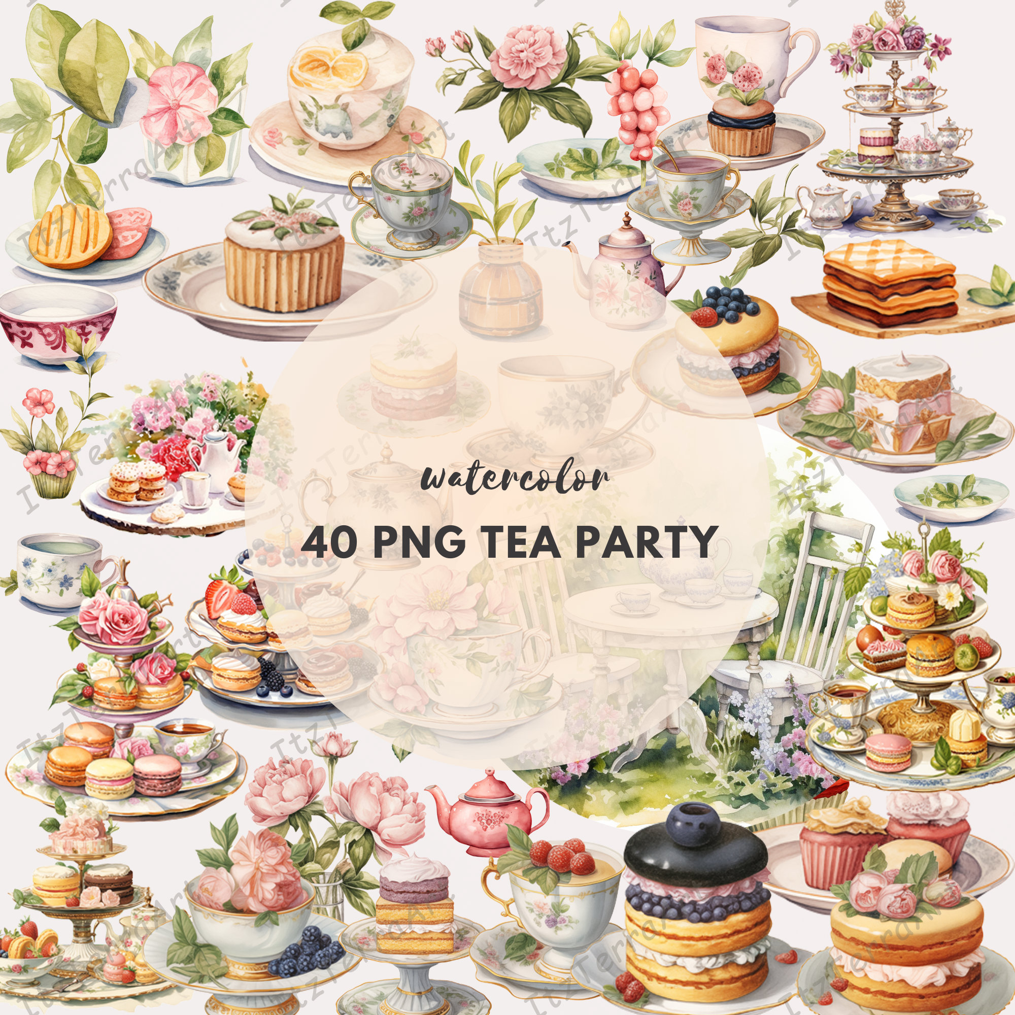 Tea Party Clipart Bundle- Watercolor English Vintage Tea Cup Clipart ...