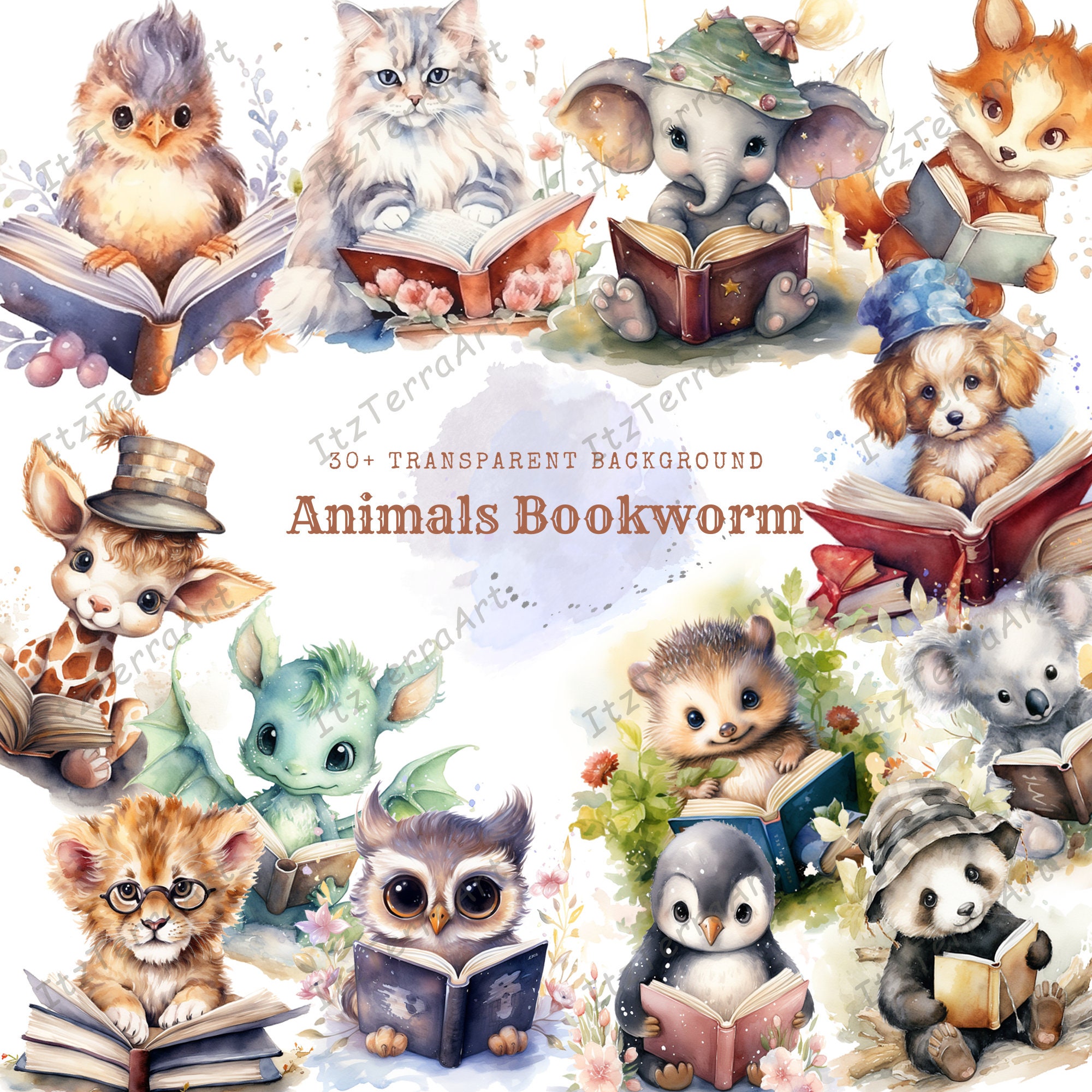 30 Watercolor Cute Bookworm Animals Cliparts-bookish-fairytale Reading ...