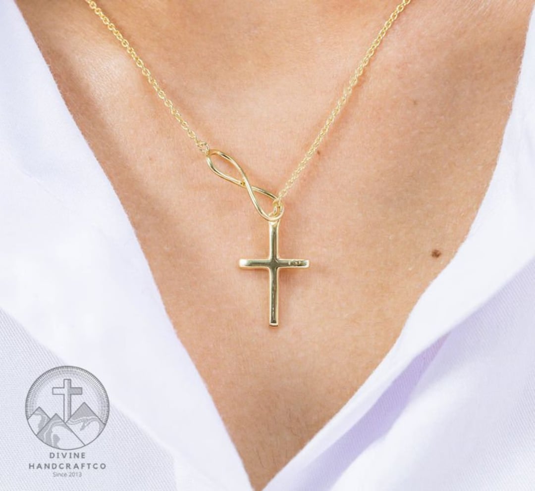 14K Solid Gold Infinity Cross Pendant Necklace Eternal Faith Symbol ...