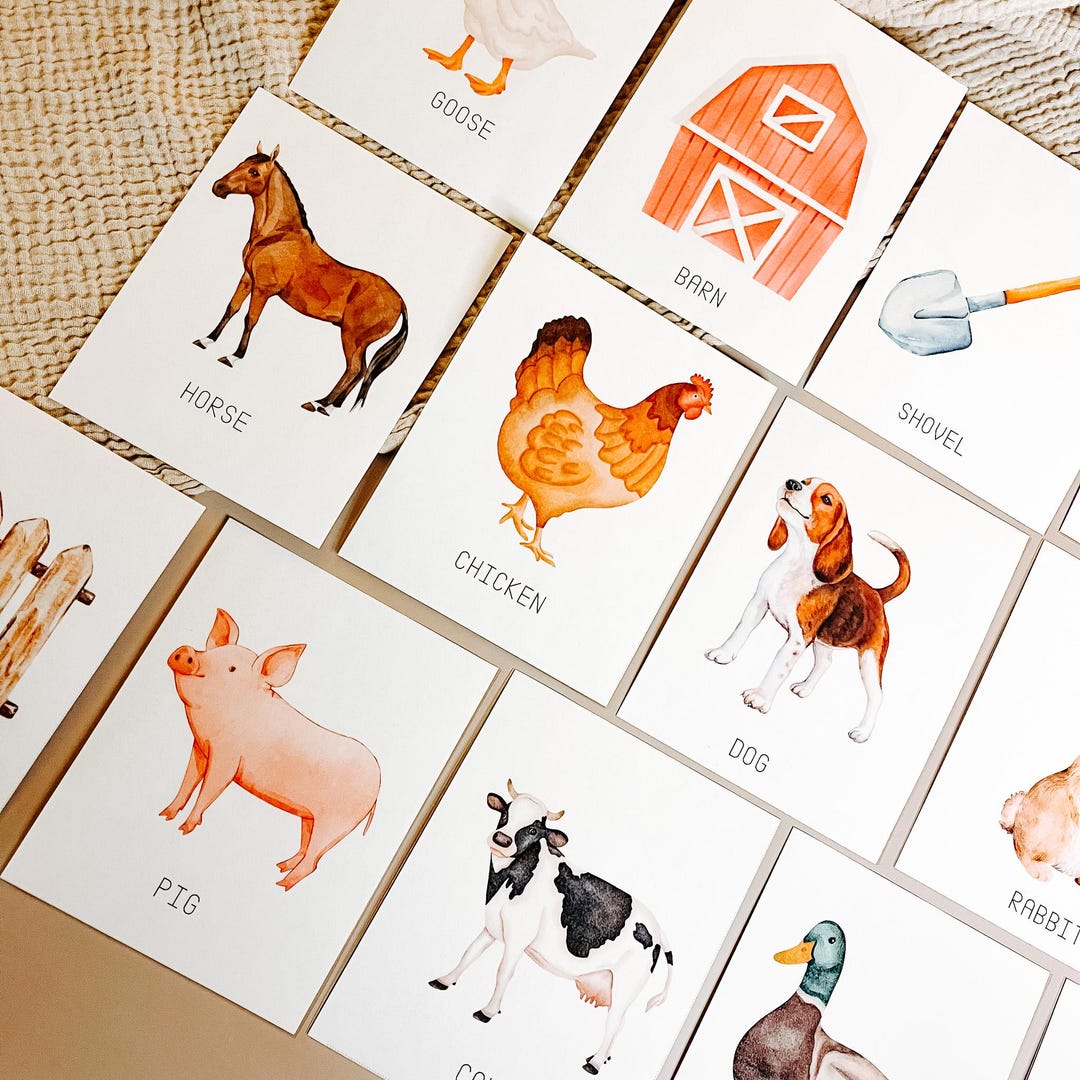 Watercolor Farm Animal Flashcards: Montessori Educational Cards ...