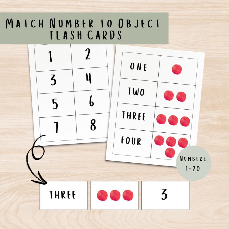 Match Numbers 1-20 to Objects, Montessori Flashcards, Pre-school Cards ...