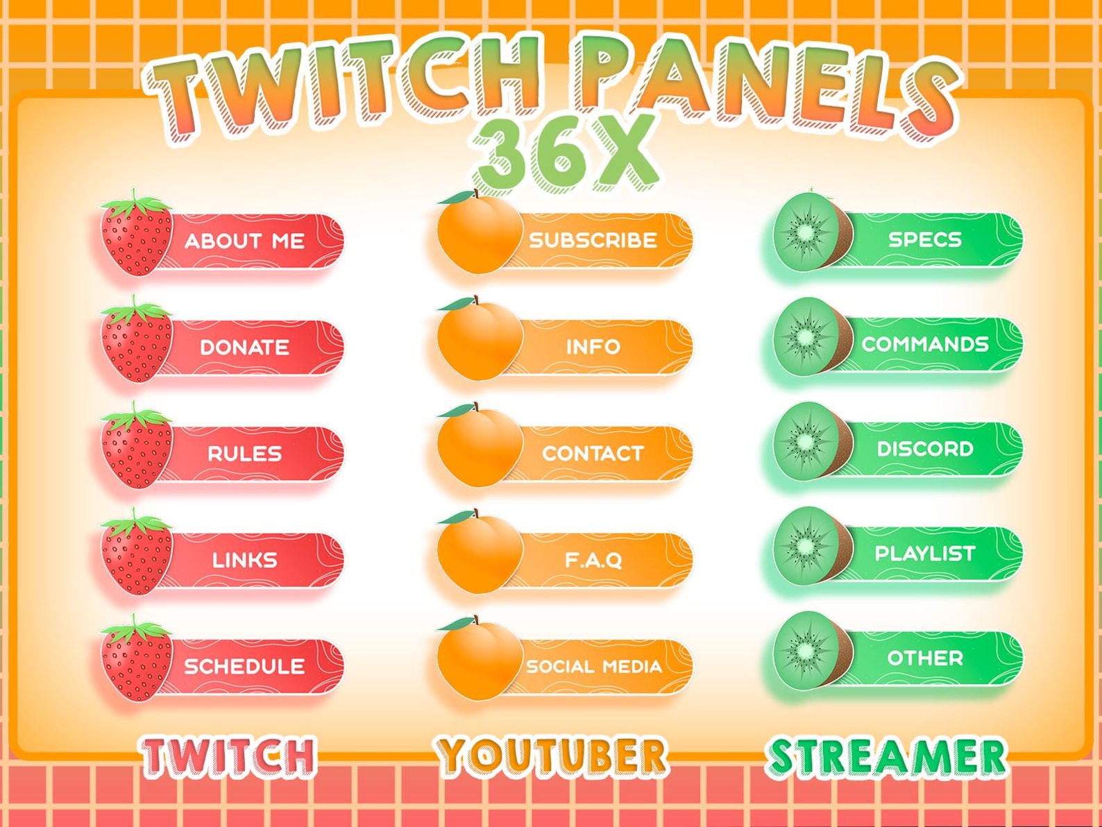 36x Kawaii Fruit Twitch Panels| Orange, Kiwi, Strawberry Panels for ...