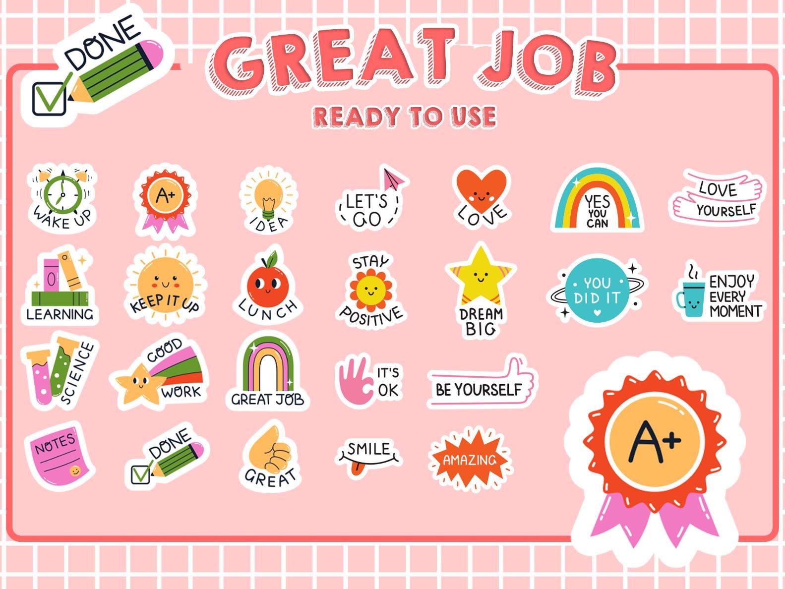 Great Job Motivational Digital Stickers, Reward Sticker Clipart, Good ...