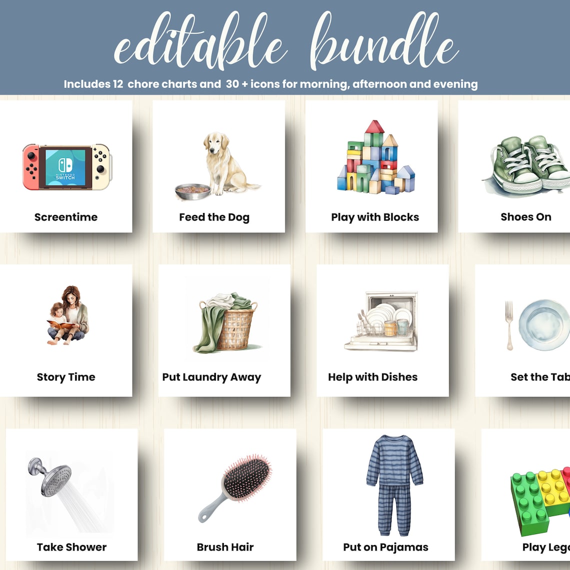 Editable Chore Chart Bundle, Printable Daily Activity Icons With Chore Charts, Instant Download ...