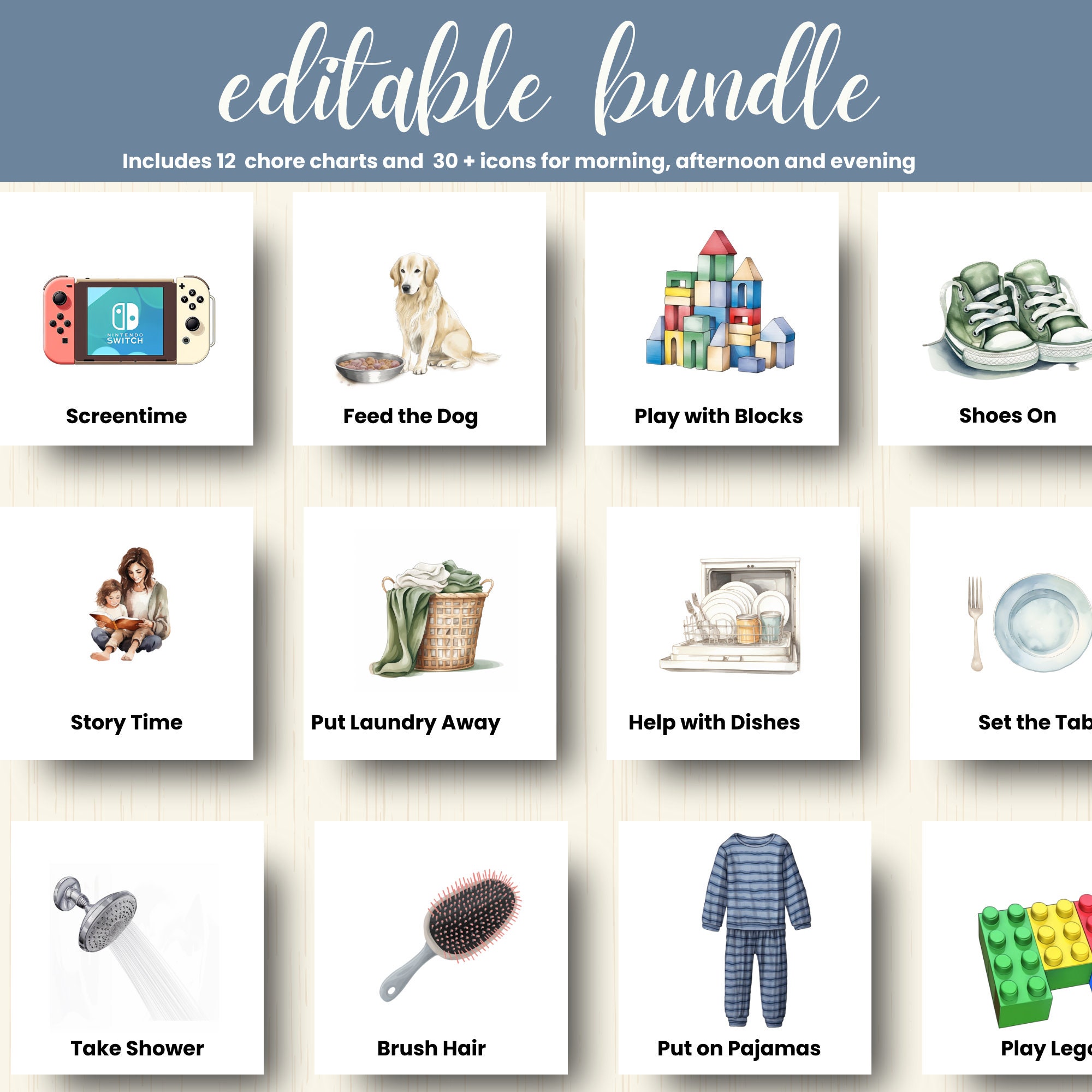 Editable Chore Chart Bundle, Printable Daily Activity Icons With Chore ...