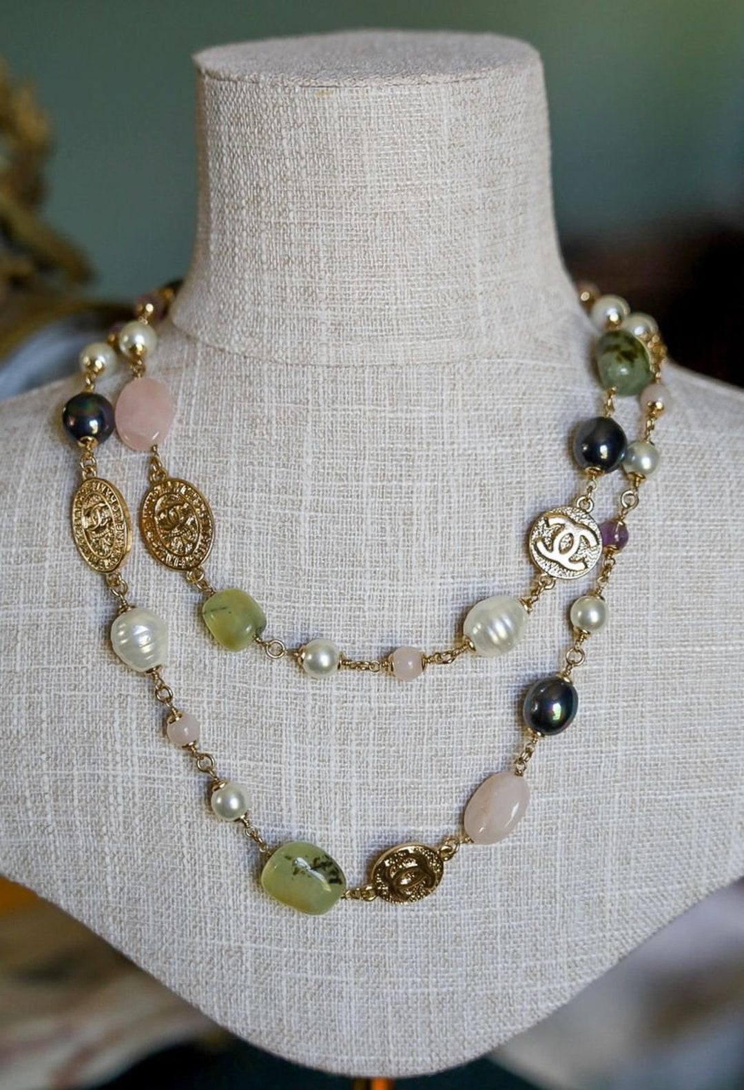 Vintage CHANEL Gold Plated Semiprecious Stones CC Logo Long Necklace - Etsy