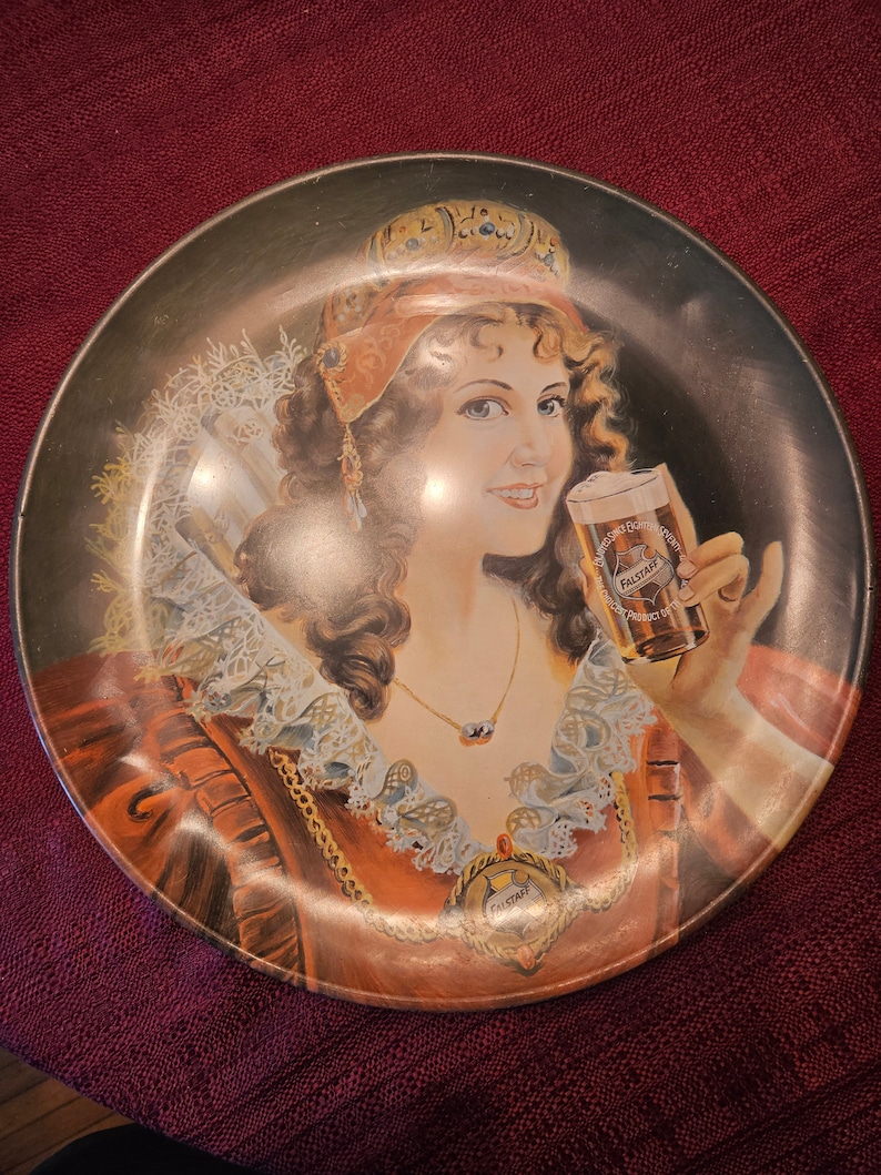 Vintage Beer Advertising Barware Falstaff Charger Bar Maid Lady Tray ...