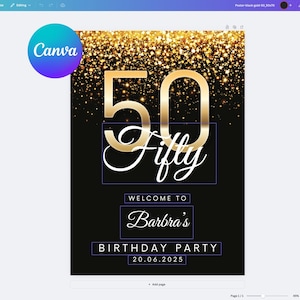 Black and Gold Birthday Welcome Poster, Gold Number, Sparkle Dots, 50 ...