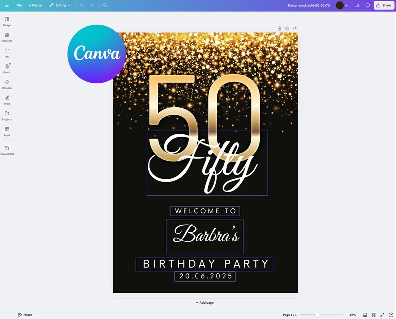 Black and Gold Birthday Welcome Poster, Gold Number, Sparkle Dots, 50 ...