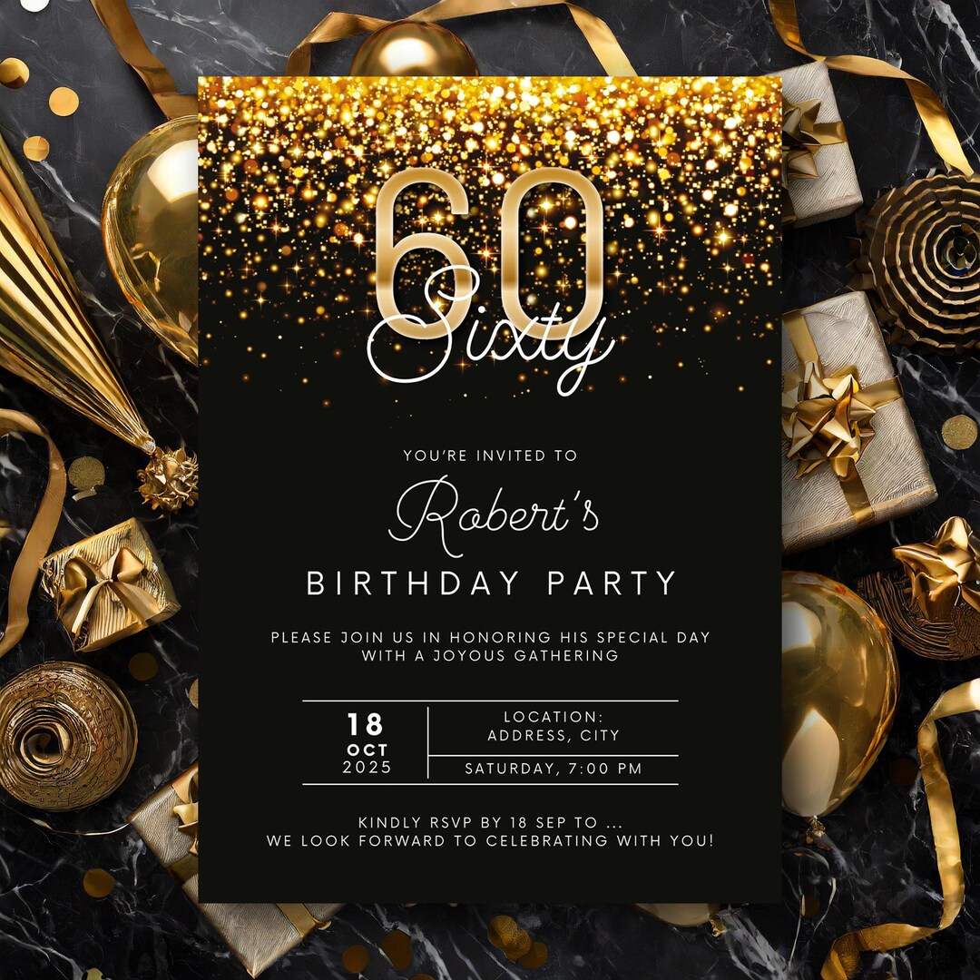 Black and Gold Birthday Invitation, Gold Number, Sparkle Dots, 60 Sixty ...