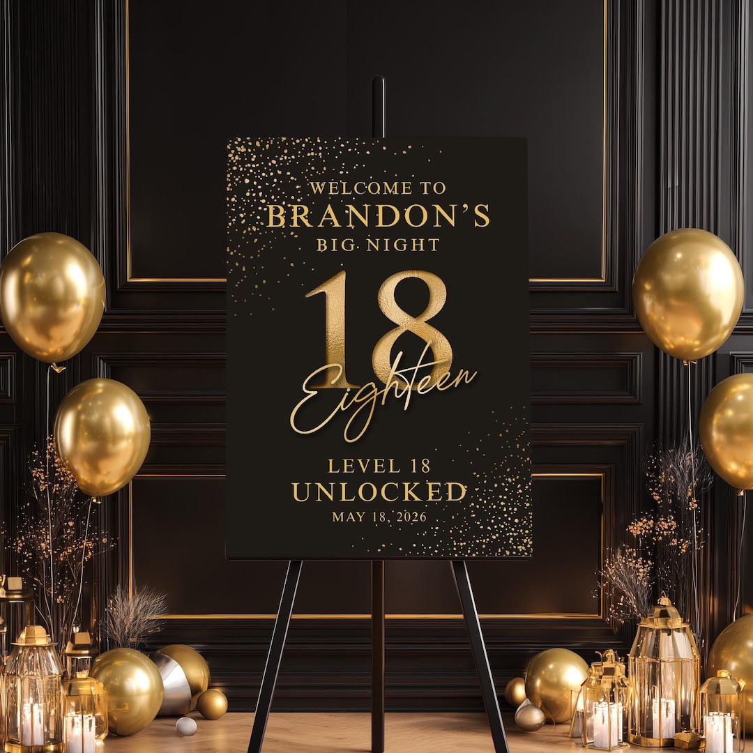 18th Birthday Welcome Sign Template | Black and Gold Decor (digital ...