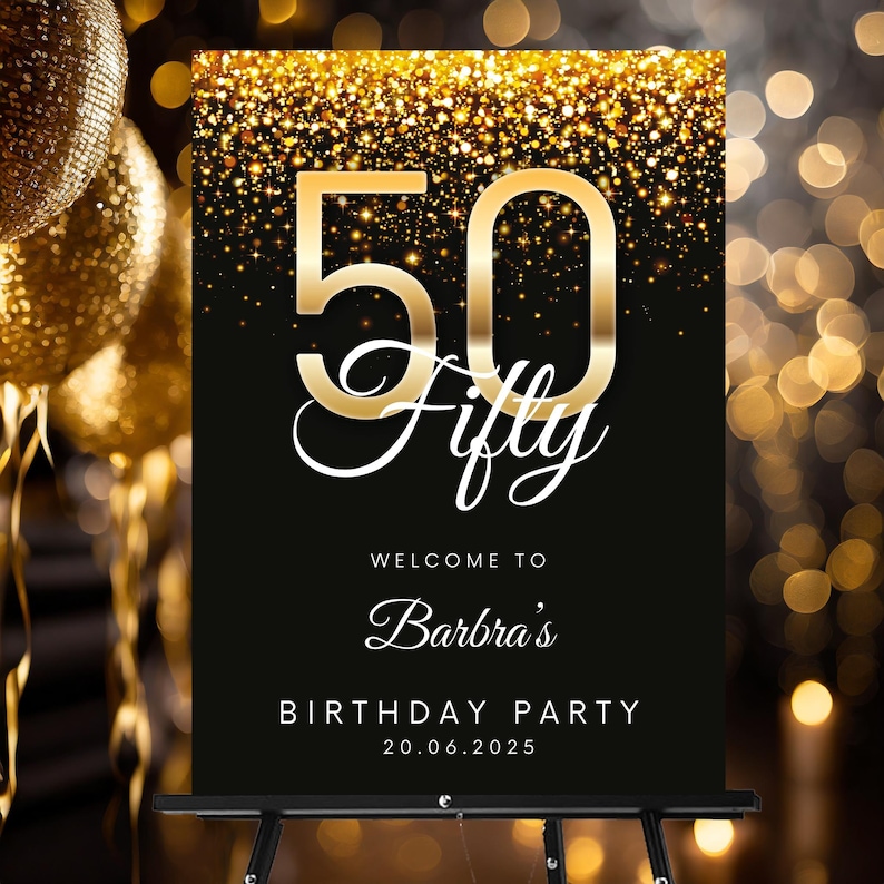 Black and Gold Birthday Welcome Poster, Gold Number, Sparkle Dots, 50 ...