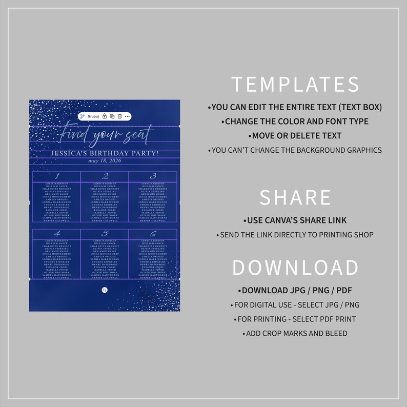 Blue Silver Seating Chart Template | Birthday Wedding Party Plan ...