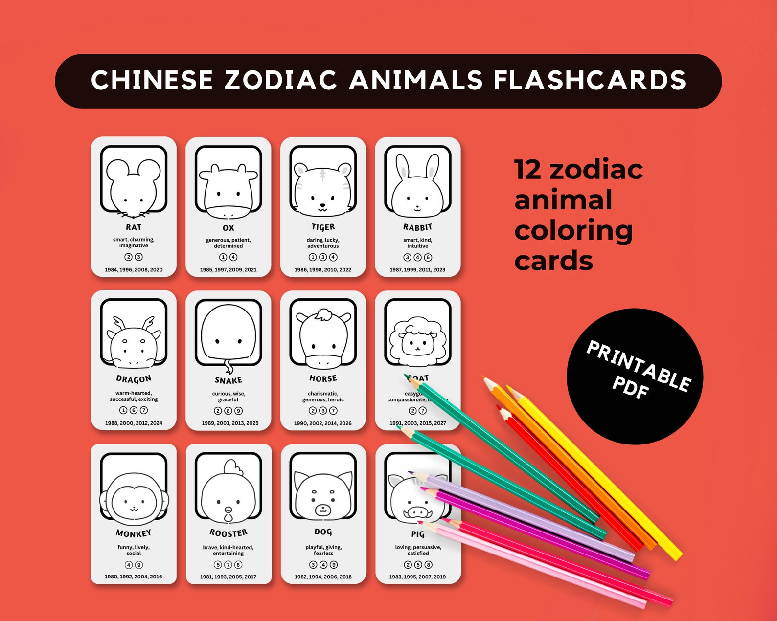 Printable Chinese Zodiac Animals Cards, Animal Zodiac Coloring ...