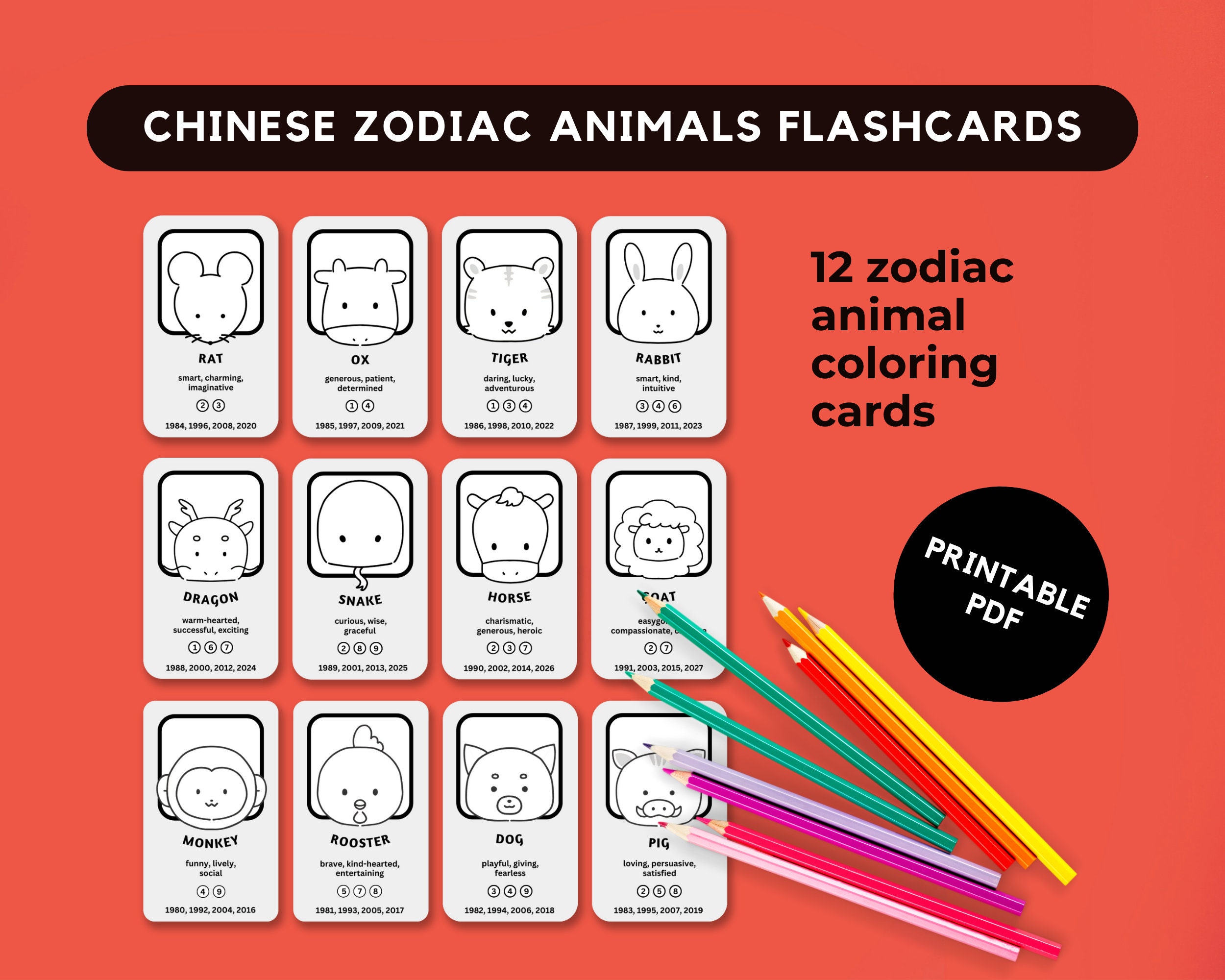 Printable Chinese Zodiac Animals Cards, Animal Zodiac Coloring ...