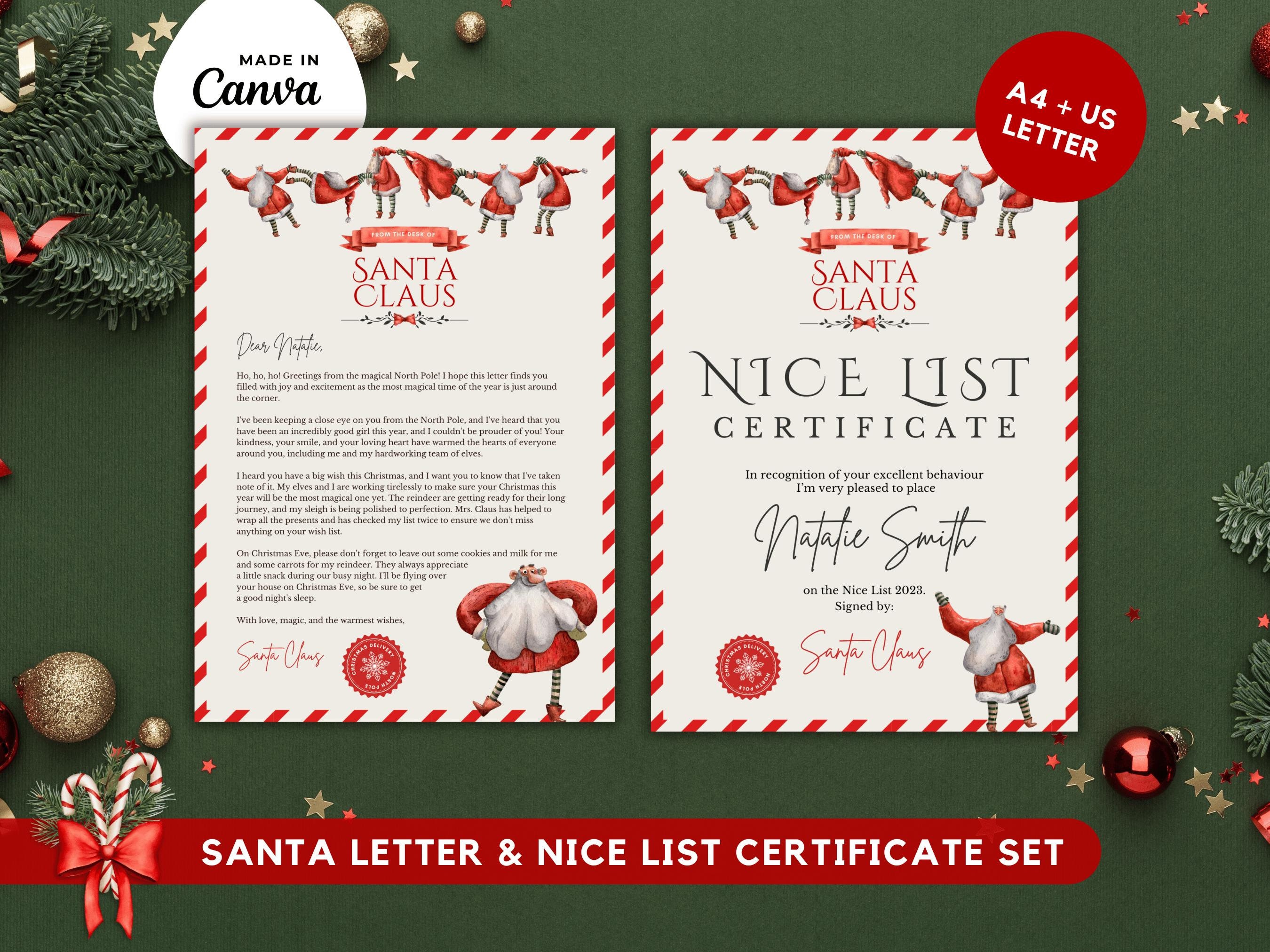 Printable Santa Letter Template and Nice List Certificate, Personalized ...