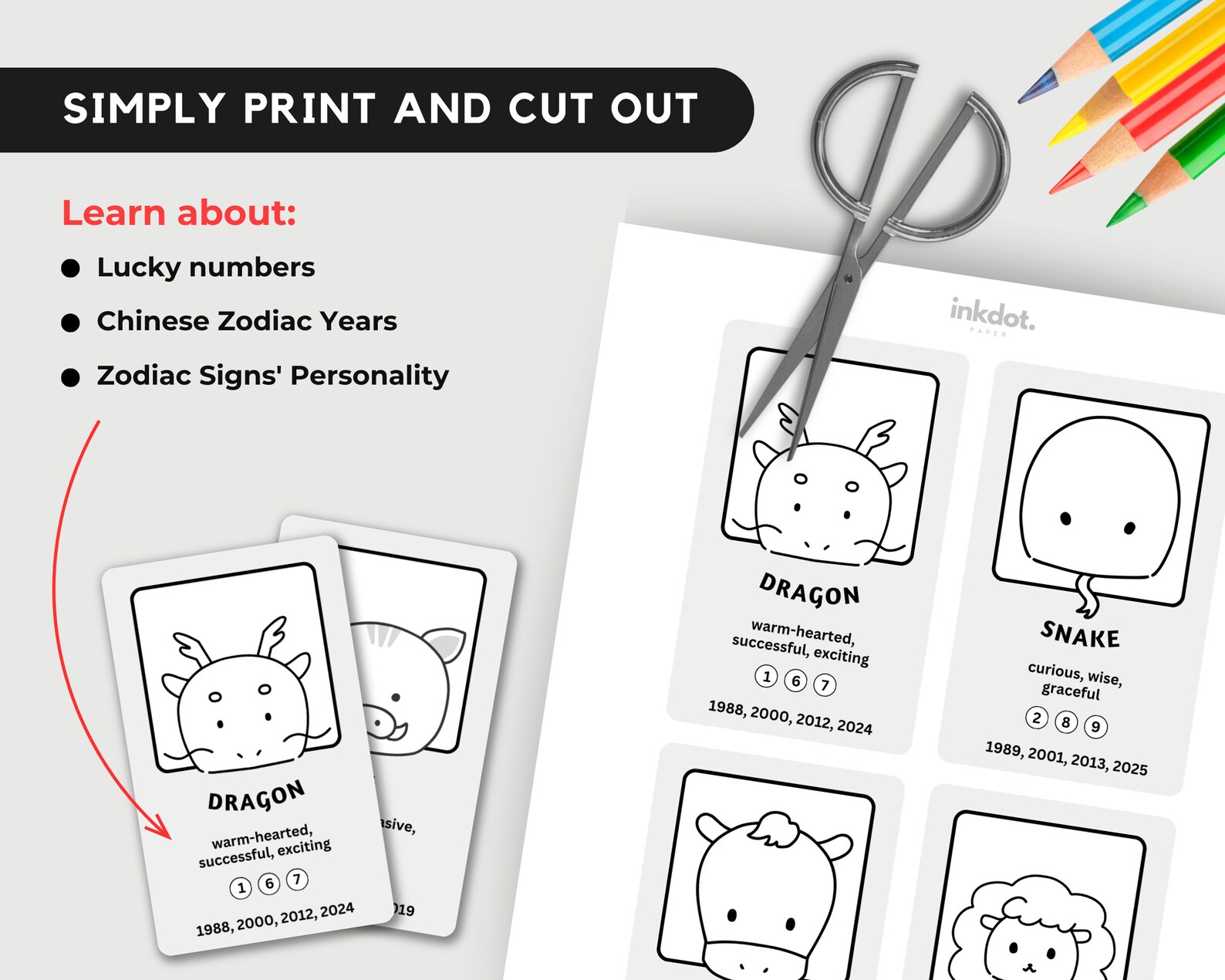 Chinese Zodiac Animals Coloring Flashcards: Lunar New Year (printable ...
