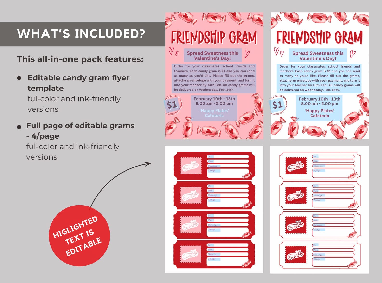 Friendship Candy Gram Printable, Candy Gram Flyer Template, PTO PTA ...