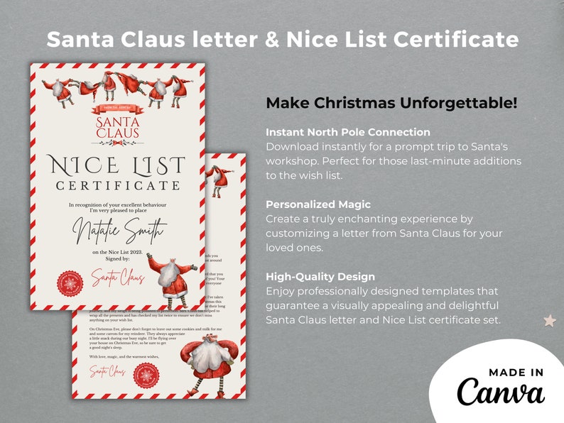 Printable Santa Letter Template and Nice List Certificate, Personalized ...