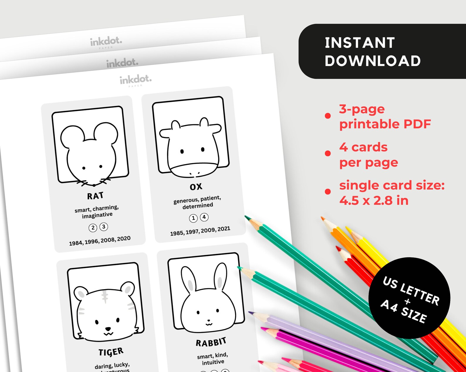 Chinese Zodiac Animals Coloring Flashcards: Lunar New Year (printable ...
