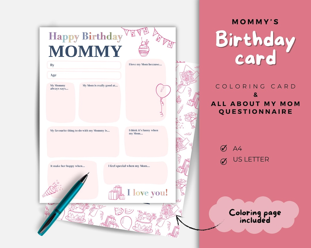 Mom Birthday Card: All About Mommy Questionnaire, Coloring Page (PDF ...