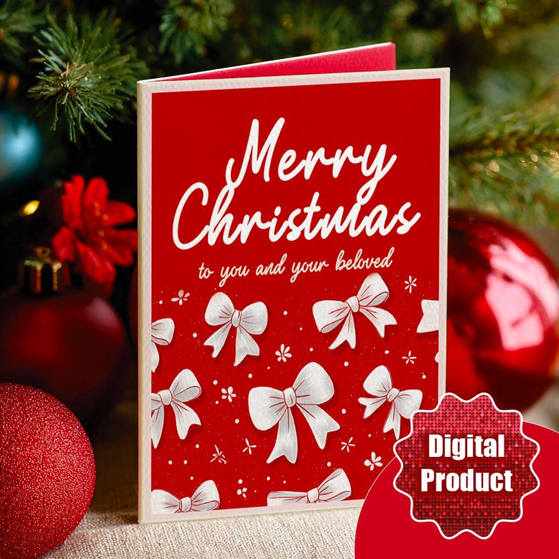 Modern Christmas Bow Printable Art, Red Ribbon Digital Holiday Card ...