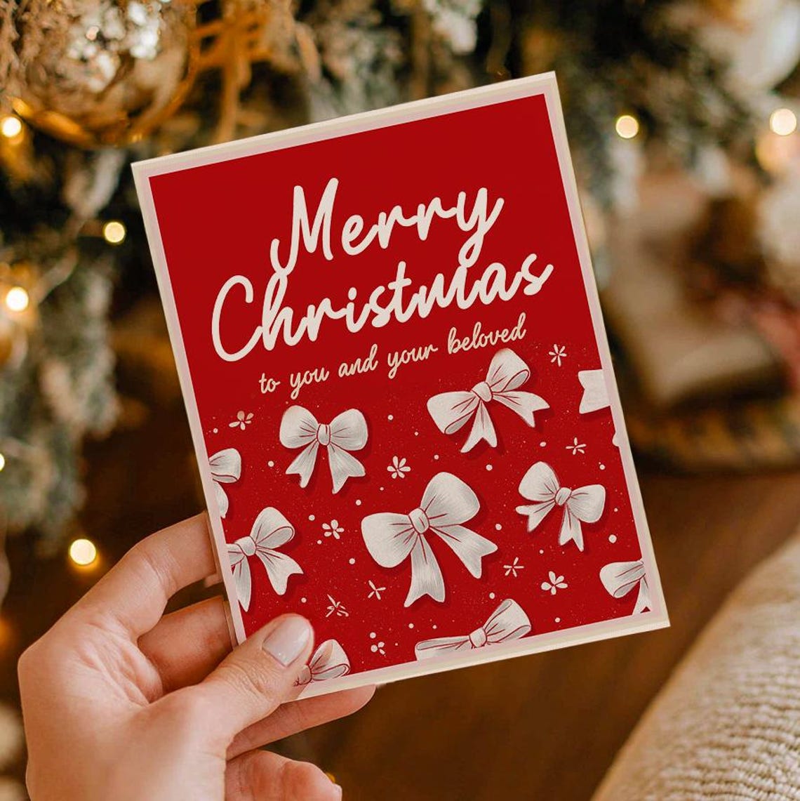 Modern Christmas Bow Printable Art, Red Ribbon Digital Holiday Card ...