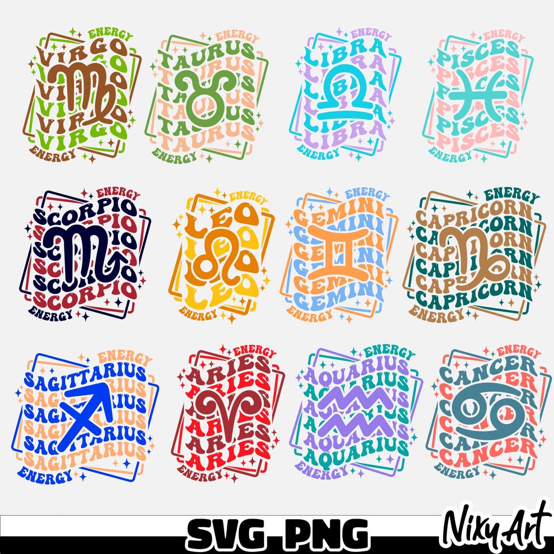 Zodiac Signs SVG PNG Bundle: Astrology Horoscope Designs (digital ...