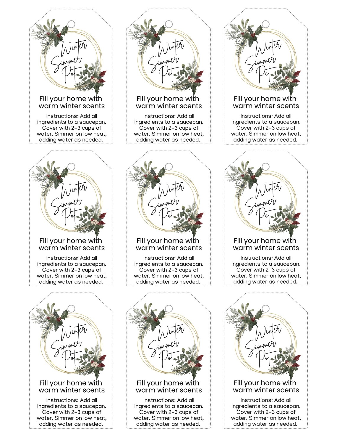Winter Simmer Pot Gift Tag: Printable Holiday Scent Recipe (PDF) - Etsy