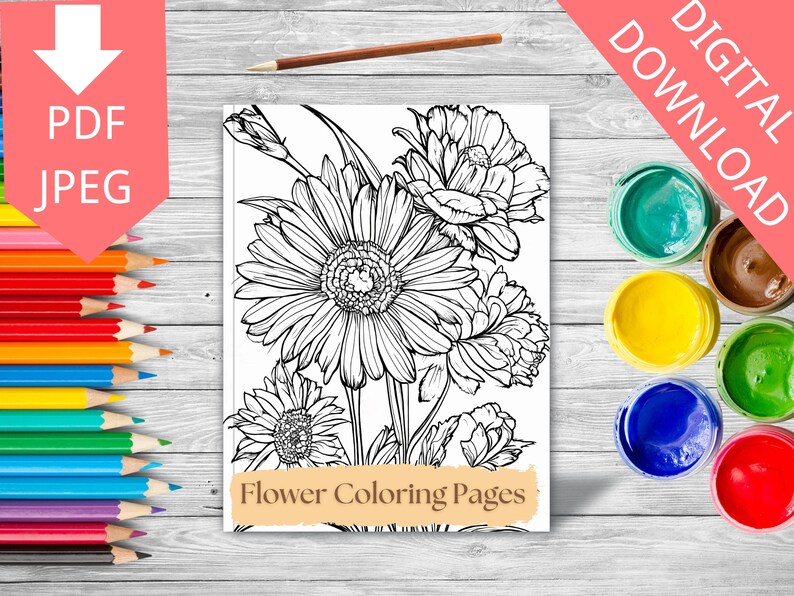 40 Coloring Pages Flower, Printable PDF JPEG, Coloring Book for Adults ...