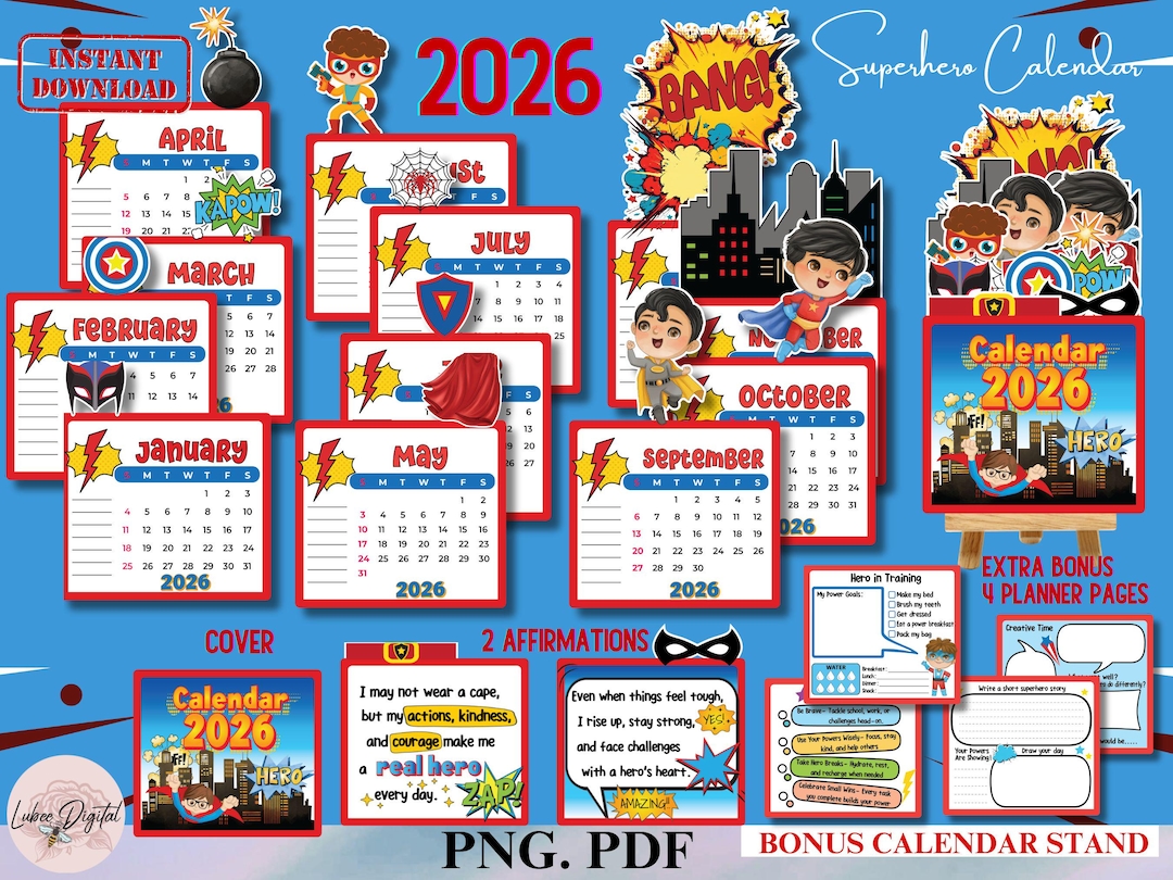 2026 Superhero Printable Desk Calendar,comic Calendar,monthly Calendar ...