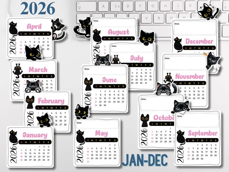 Black Cat Peeking Desk Calendar 2026,printable Mini Calendar Pet ...