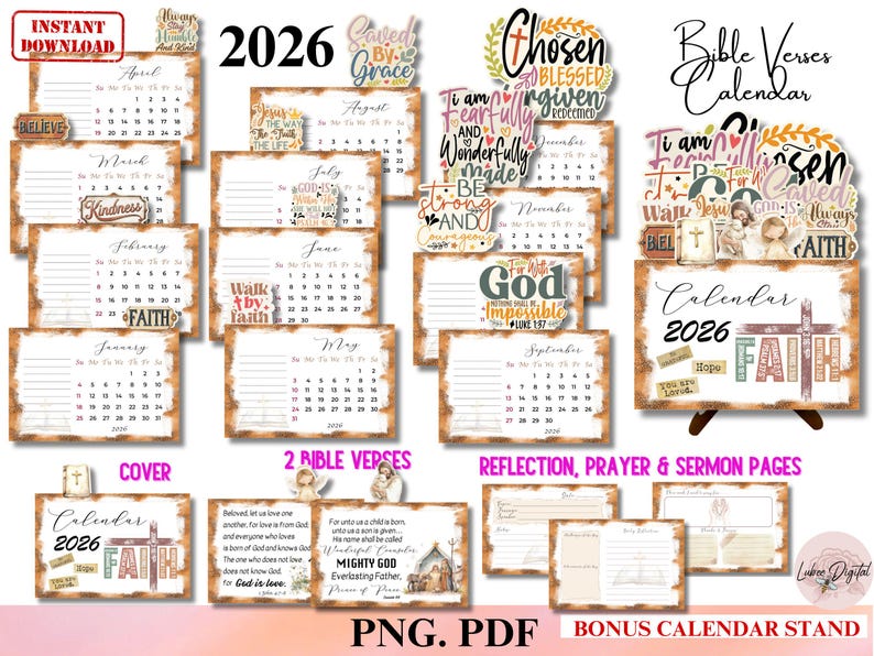 2026 Bible Verses Calendar Printable, Christian Desk Calendar Vintage ...