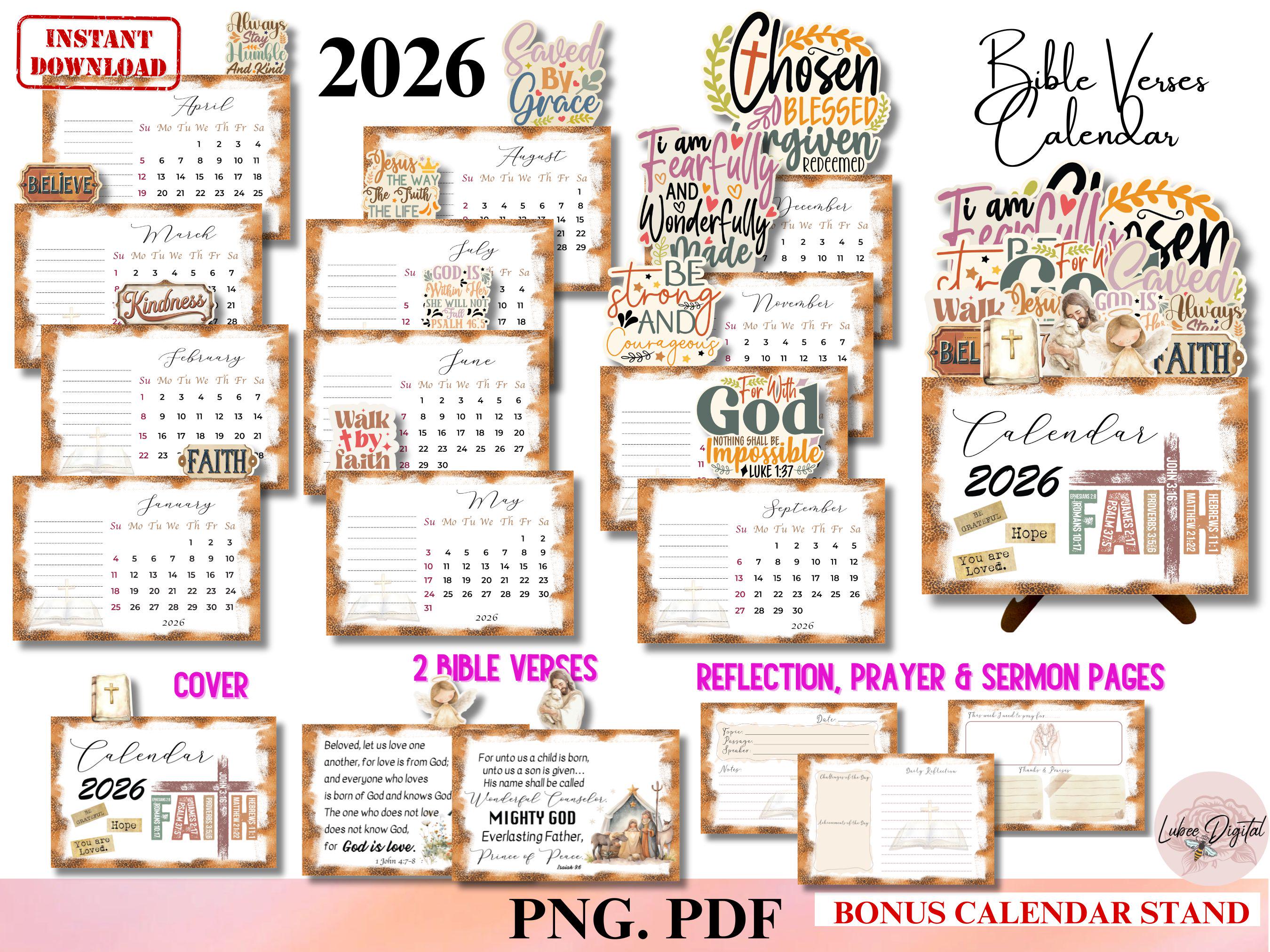 2026 Bible Verses Calendar Printable, Christian Desk Calendar Vintage ...