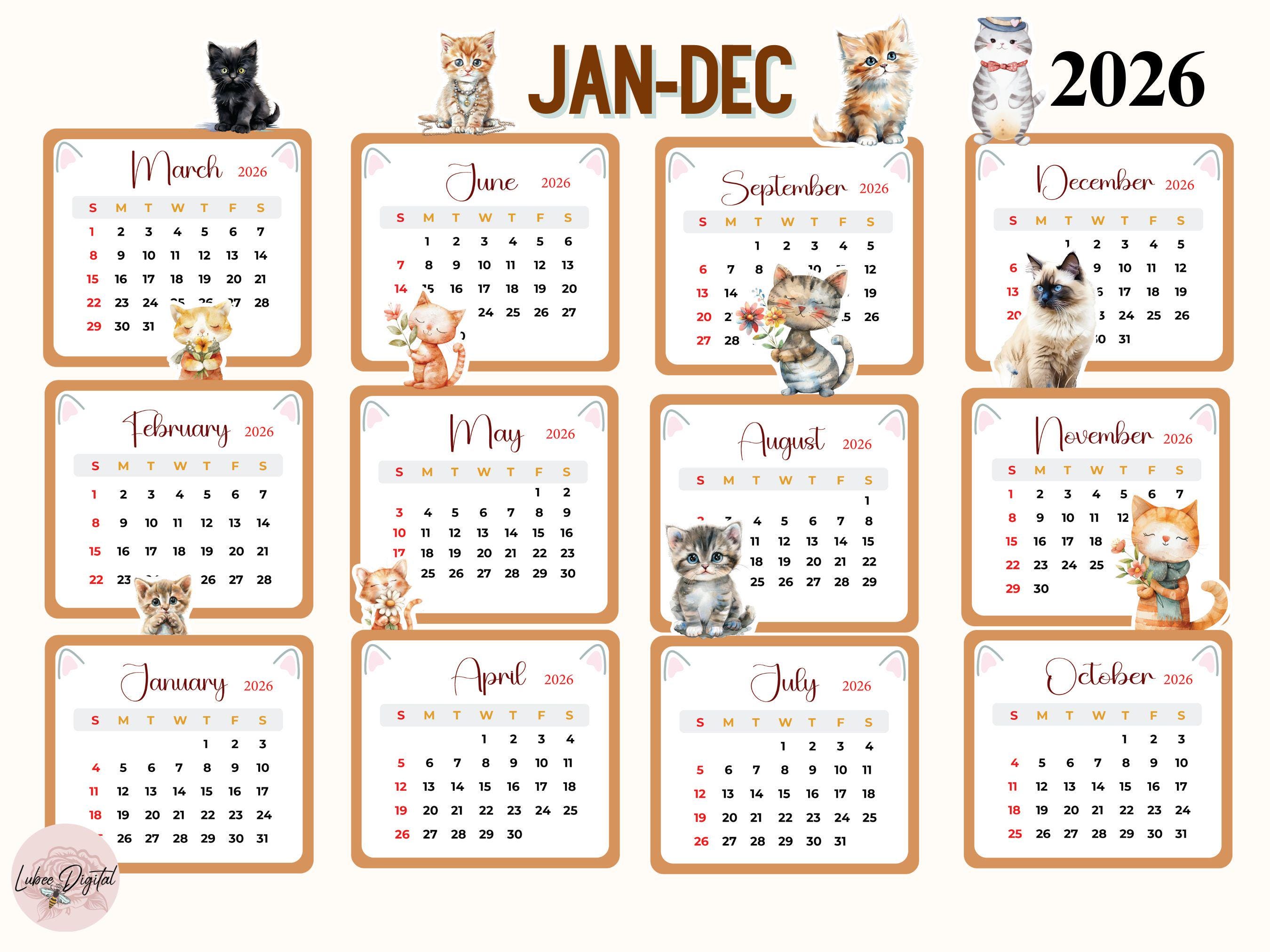 Cat Calendar 2025-2026, Printable Mini Calendar & DIY Pet Calendar ...