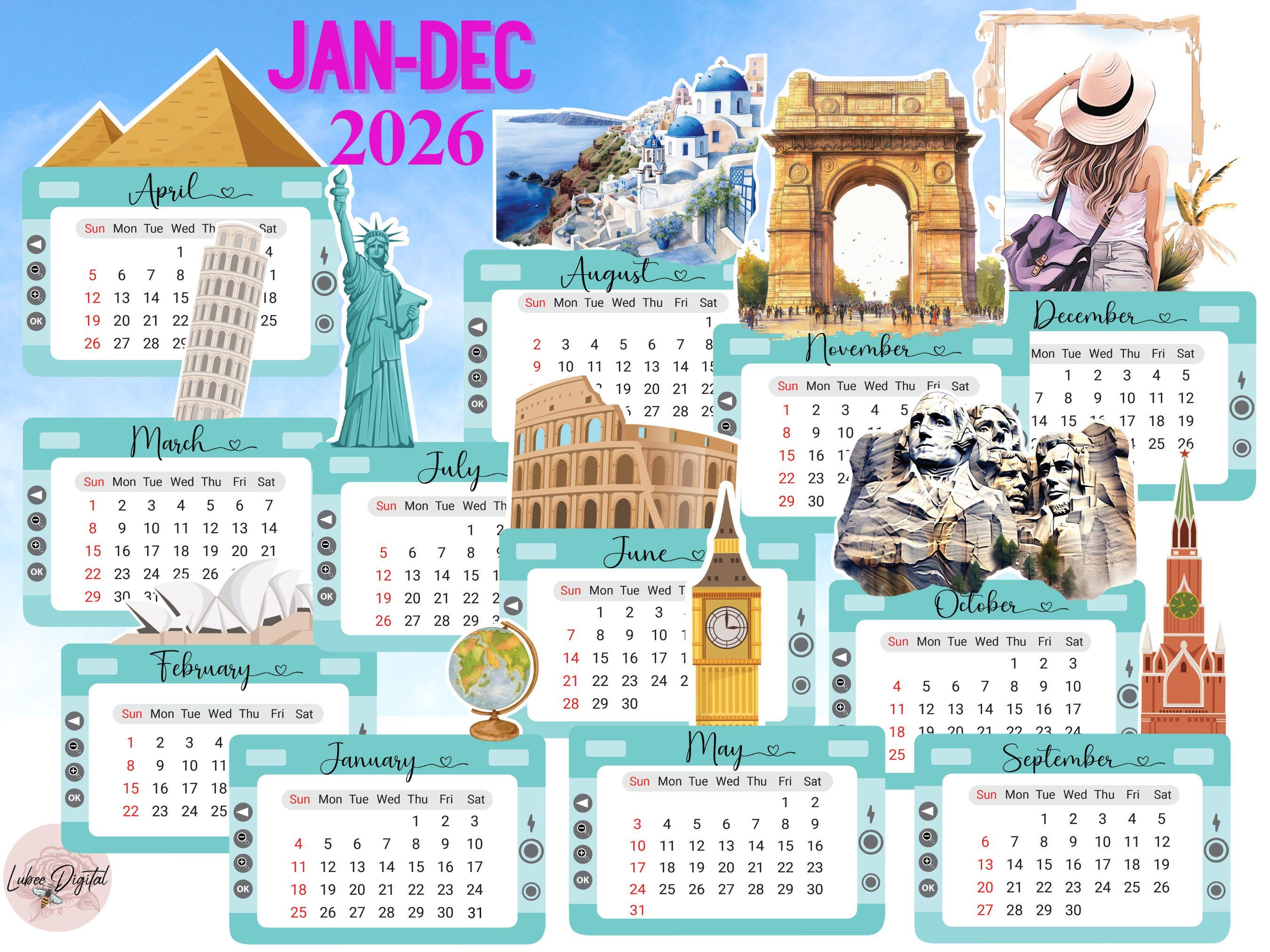 Travel Calendar Template,landmark Calendar Sight-seeing Calendar Desk ...